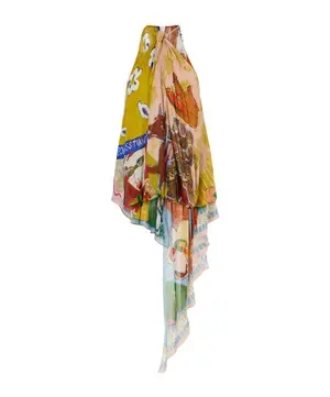 ALEMAIS Asymmetrical Printed Organza Halterneck Tank - Brown