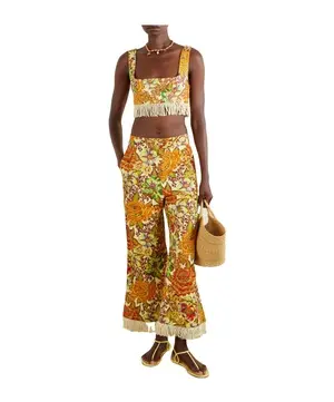 ALEMAIS Fringed Floral-print Linen Flared Pants