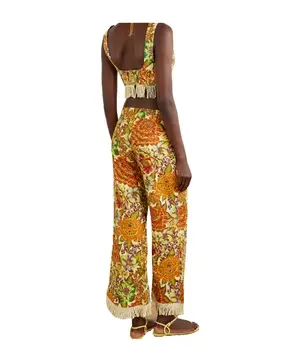 ALEMAIS Fringed Floral-print Linen Flared Pants
