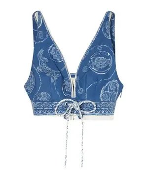 ALEMAIS Lucky Cropped Printed Linen Top - Blue