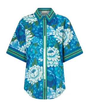 ALEMAIS Margo Floral-print Striped-trim Shirt - Blue