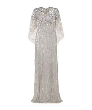 Jenny Packham Nettie Cape-effect Embellished Sequined Tulle Gown - Gray