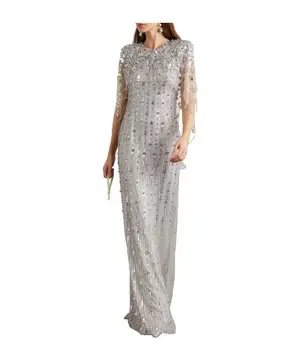 Jenny Packham Nettie Cape-effect Embellished Sequined Tulle Gown - Gray