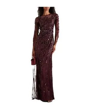 Jenny Packham Ruby Cape-effect Embellished Tulle Gown