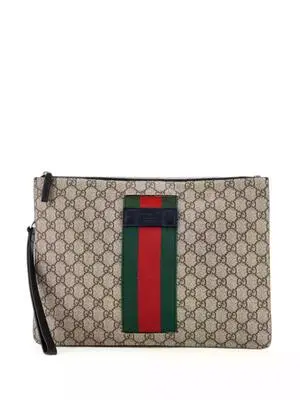 Gucci Web Wristlet Gg Coated Canvas Clutch Bag - Brown