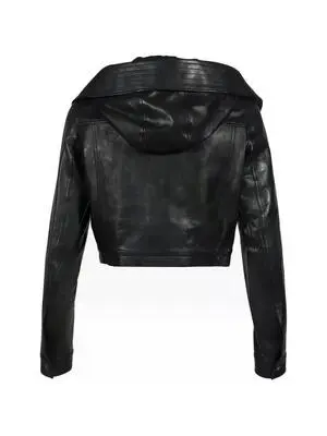 DET BLEV SENT Cropped Hooded Leather Jacket - Black