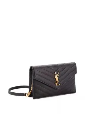 Saint Laurent Classic Monogram Wallet On Chain Matelasse Chevron Leather Small Crossbody Bag - Black