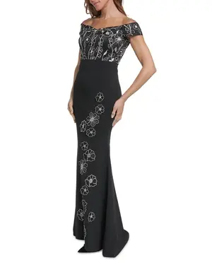 Eliza J Embroidered Off-the-shoulder Gown