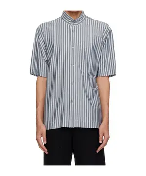 Issey Miyake Striped Band-collar Shirt - Blue