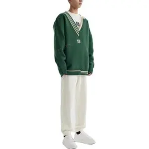 Mitchell & Ness Branded Contrasting V-neck Sweater - Green