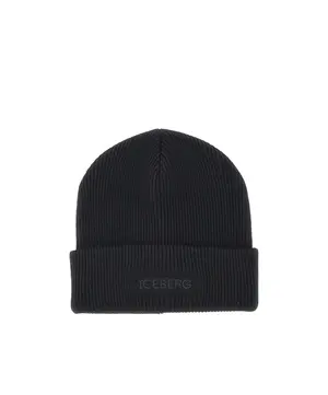 Iceberg Ribbed Logo Beanie Hat - Black