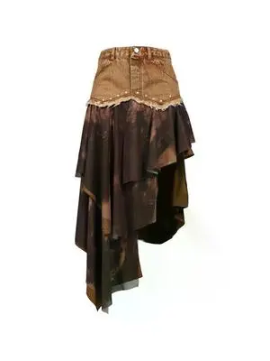 VIVAMUS Long Tiered Denim Skirt - Brown
