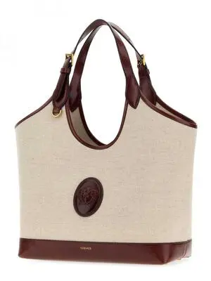 Versace Rivière Canvas And Leather Shoulder Bag - Beige
