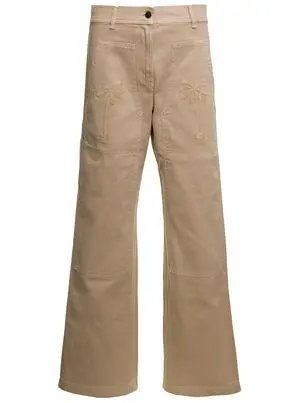 Palm Angels Beige 'cargo' Pants With Embroidered Palm In Cotton Denim - Multicolor