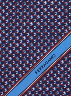 FERRAGAMO Blue Pocket Square With Gancini Print And Lettering Logo In Silk - Multicolor