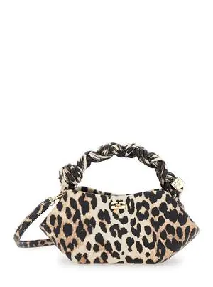 GANNI Bou' Brown Mini Handbag With Braided Handle And All-over Leopard Motif In Fabric - Multicolor