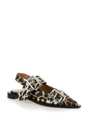 GANNI Tech Fabric Leopard Print Buckled Ballet Shoes - Multicolor