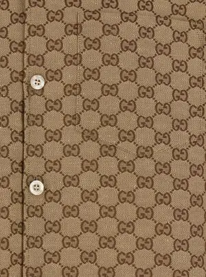 Gucci Beige Bowling Shirt With Gg All-over Motif In Linen - Multicolor