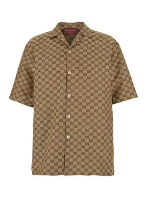 Gucci Beige Bowling Shirt With Gg All-over Motif In Linen - Multicolor