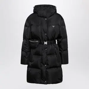 Prada Re-nylon Long Down Jacket With Belt Bag - Black