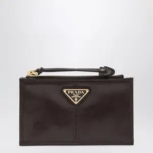 Prada Dark Calf Leather Zip Card Holder - Brown