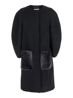 Fendi Black Crewneck Coat With Puffed Sleeves And Two Front Shearling Pockets In Wool Blend - Multicolor