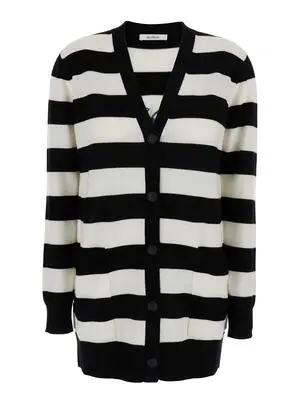 Max Mara Fiemme' Black And White Cardigan With Rear Embroidery And All-over Striped Motif In Wool - Multicolor