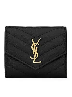 Saint Laurent Cassandre Matelassé Multi-folded Wallet In Grain De Poudre Embossed Leather - Black