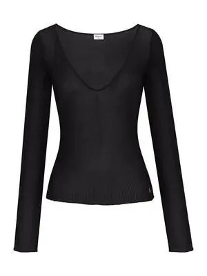Saint Laurent Ribbed Silk V-neck Cassandre Top - Black