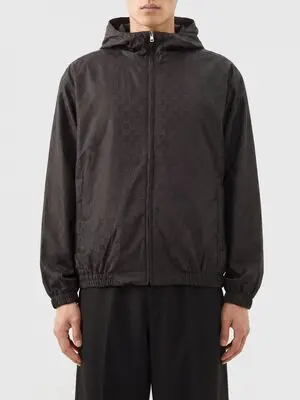 Gucci Gg Monogram Nylon Hooded Windbreaker Jacket - Black