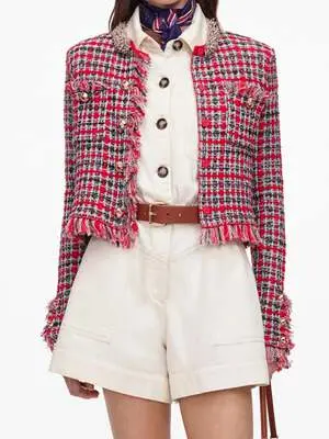 SELF-PORTRAIT Check Frayed Knit Jacket - Multicolor