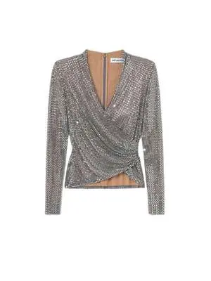 SELF-PORTRAIT Rhinestone Mesh Wrap Top - Multicolor