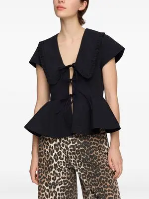 GANNI Organic Cotton Ruffled Collar Peplum Top - Multicolor