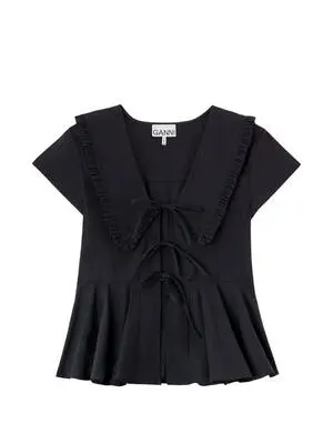 GANNI Organic Cotton Ruffled Collar Peplum Top - Multicolor