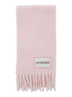Sportmax Pink Scarf With Logo Patch On The Front And Fringed Hem In Wool Blend - Multicolor