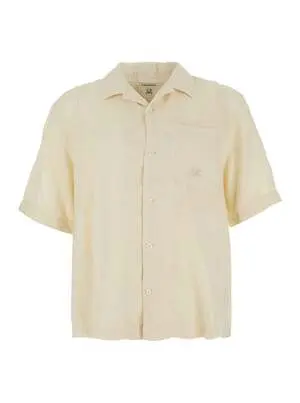 C.P. COMPANY Beige Shirt With Logo Print On The Front In Linen - Multicolor