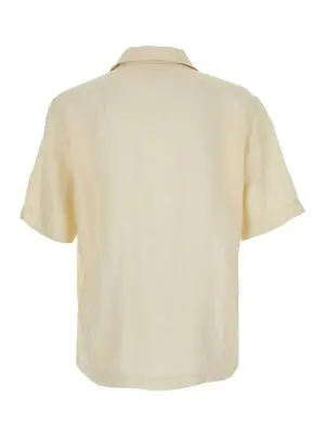 C.P. COMPANY Beige Shirt With Logo Print On The Front In Linen - Multicolor