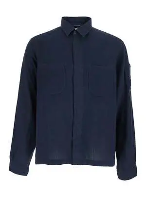 C.P. COMPANY Blue Shirt With Classic Collar And Logo Plate On The Sleeve In Linen - Multicolor