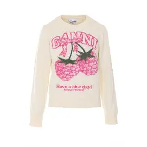 GANNI Logo Sweater With Raspberry Print - White