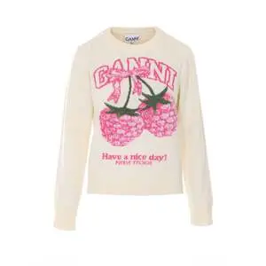 GANNI Logo Sweater With Raspberry Print - White