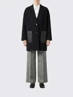 Gucci Wool Coat With Leather Patch Pockets - Black