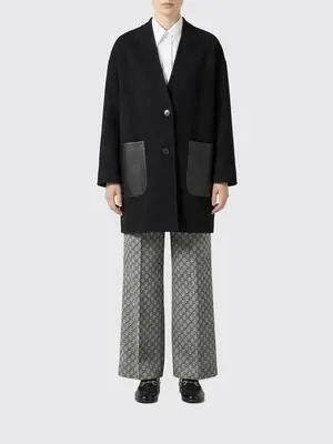 Gucci Wool Coat With Leather Patch Pockets - Black