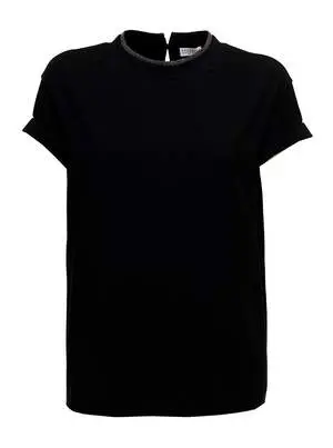 Brunello Cucinelli Woman's Cotton T-shirt With Monile Crew Neck - Black