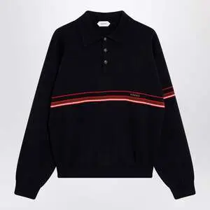 Versace Navy Cotton Knit Polo Shirt With Embroidered Logo - Blue