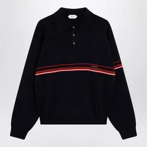 Versace Navy Cotton Knit Polo Shirt With Embroidered Logo - Blue