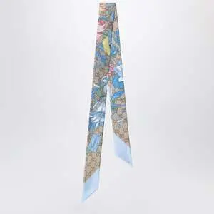 Gucci Printed Silk Ribbon With Flora Motif In Light - Blue