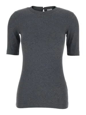 Brunello Cucinelli Grey T-shirt With Round Neck And Three-quarter Sleeve In Cotton - Gray