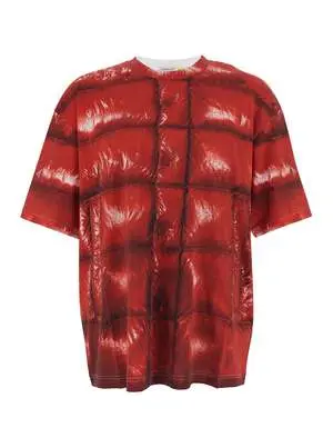 Moncler Red Crewneck T-shirt With Quilted Effect Graphic Print On The Front And Logo Lettering On The Rear In Cotton - Multicolor