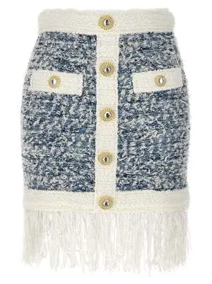 Balmain Fringed Tweed Skirt - Blue