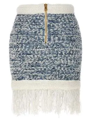 Balmain Fringed Tweed Skirt - Blue